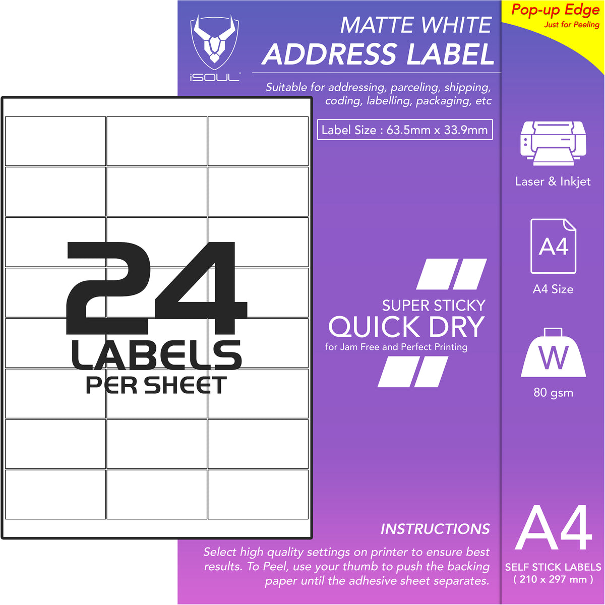 Address Label Sticker Sheets - 24 Labels per Sheet - 64mm x 34mm – iSOUL