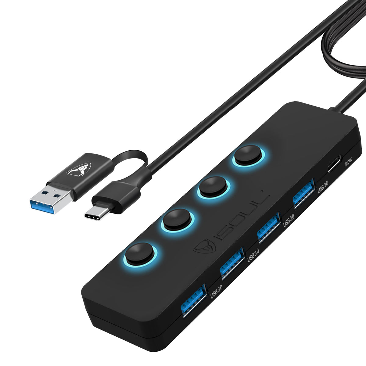 iSOUL 2-in-1 4-Port Ultra Slim USB 3.0 Powered with LED Switches USB-C