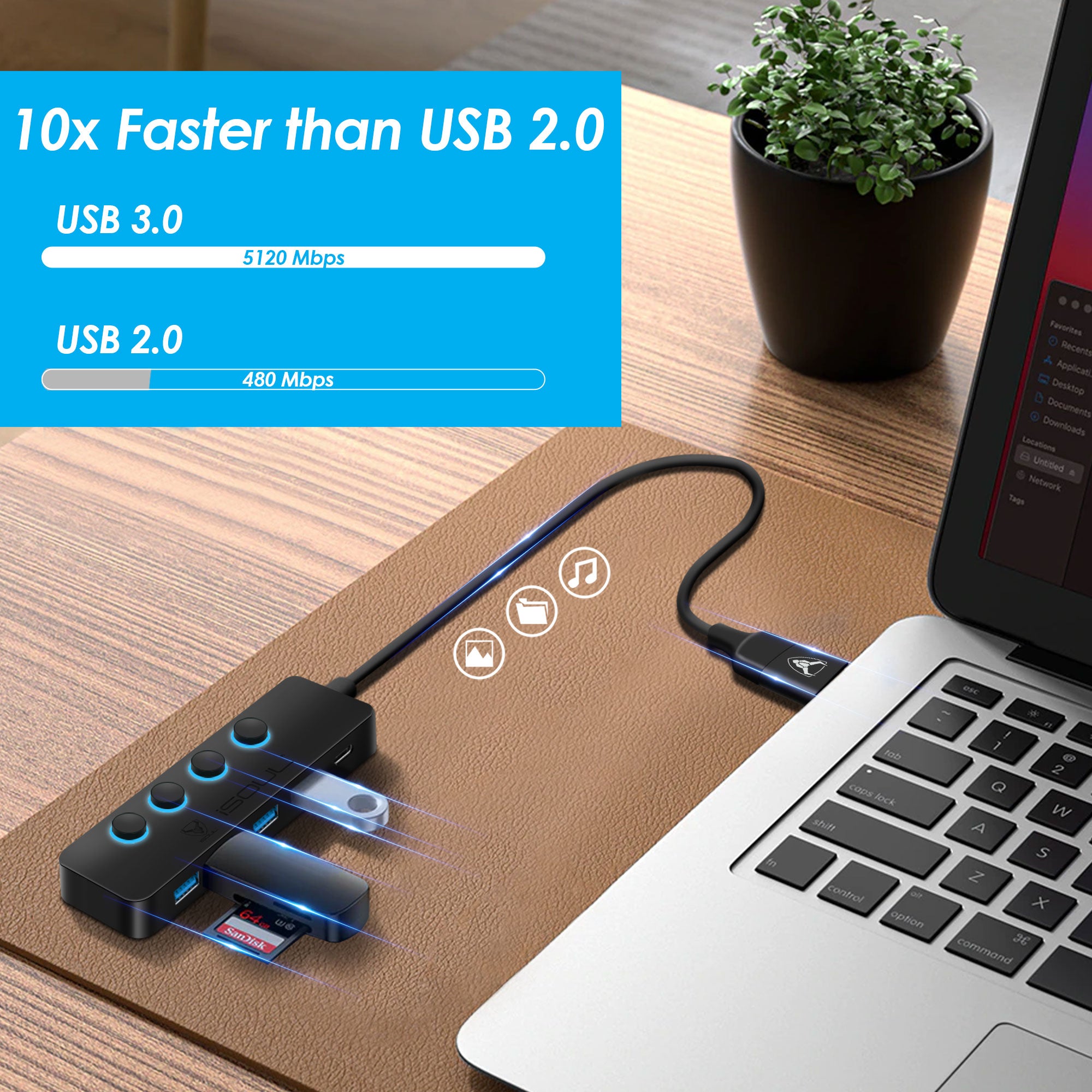 iSOUL 2-in-1 4-Port Ultra Slim USB 3.0 Powered with LED Switches USB-C