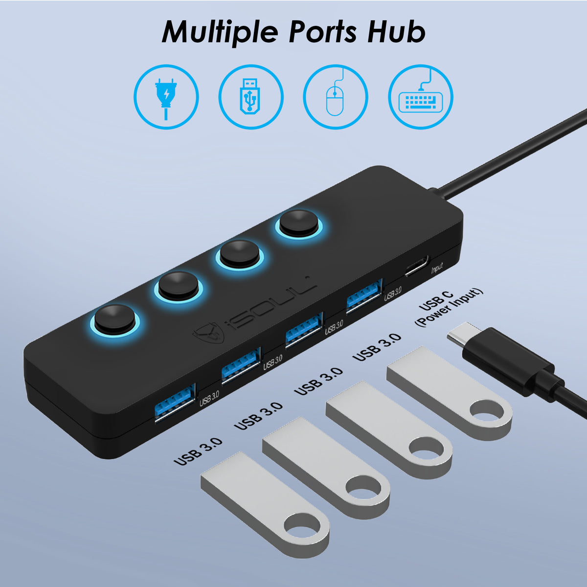 iSOUL 2-in-1 4-Port Ultra Slim USB 3.0 Powered with LED Switches USB-C