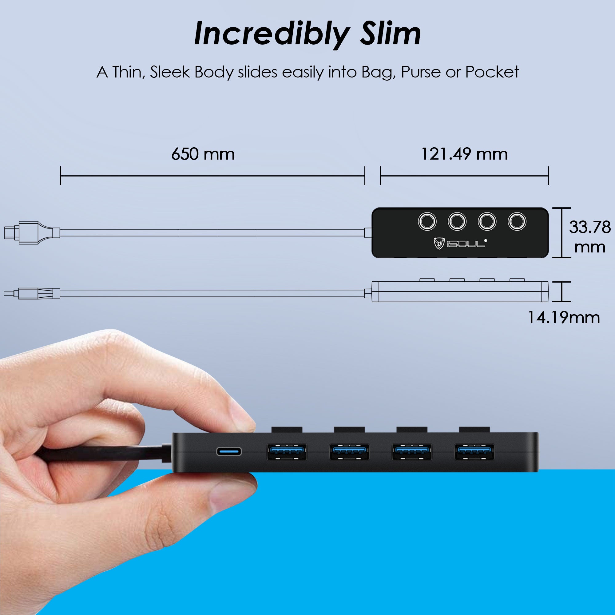 iSOUL 2-in-1 4-Port Ultra Slim USB 3.0 Powered with LED Switches USB-C