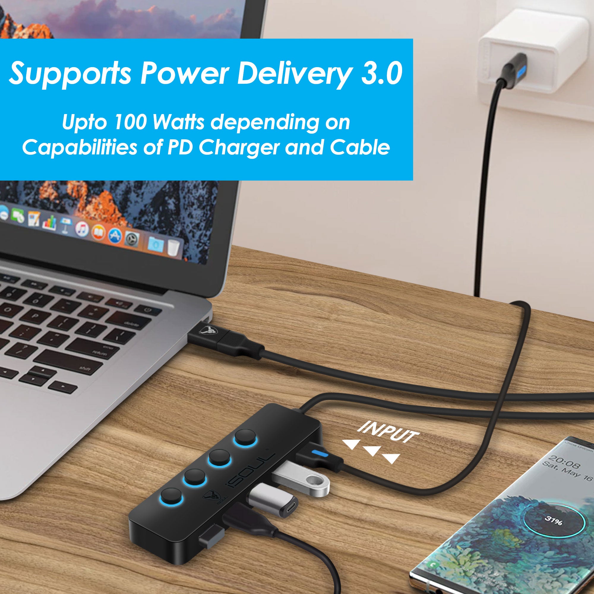 iSOUL 2-in-1 4-Port Ultra Slim USB 3.0 Powered with LED Switches USB-C