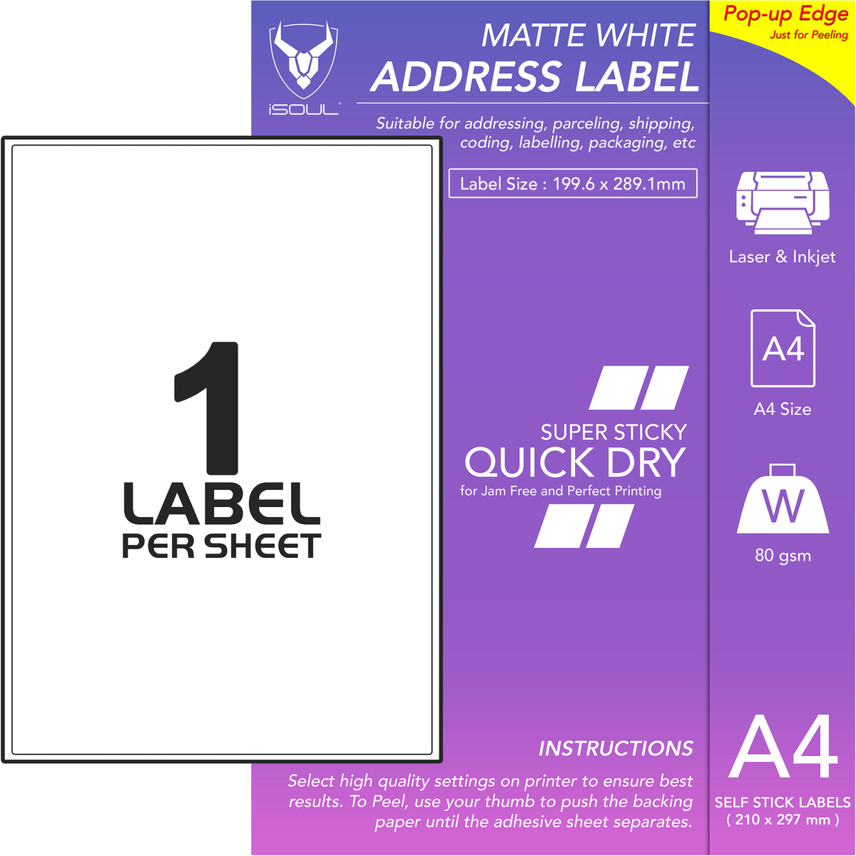 White Address Printer Labels - 1 Label per Sheet - 199mm x 289mm – iSOUL