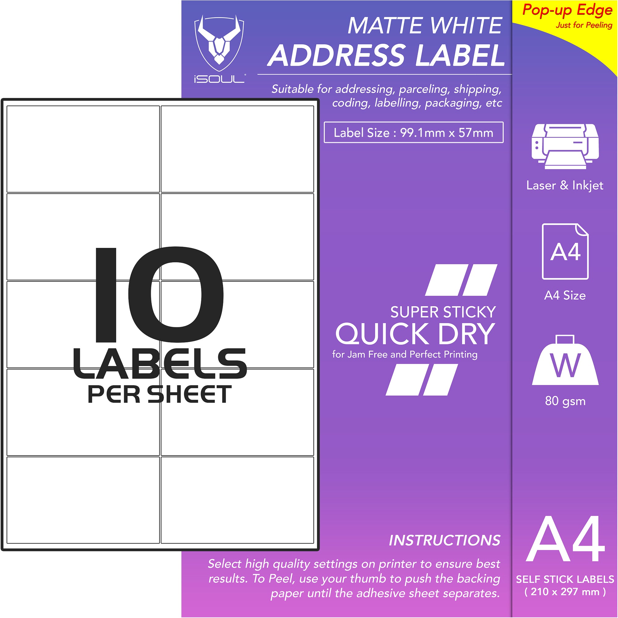 Address Labels Self Adhesive - 10 Labels per Sheet - 99mm x 57mm – iSOUL