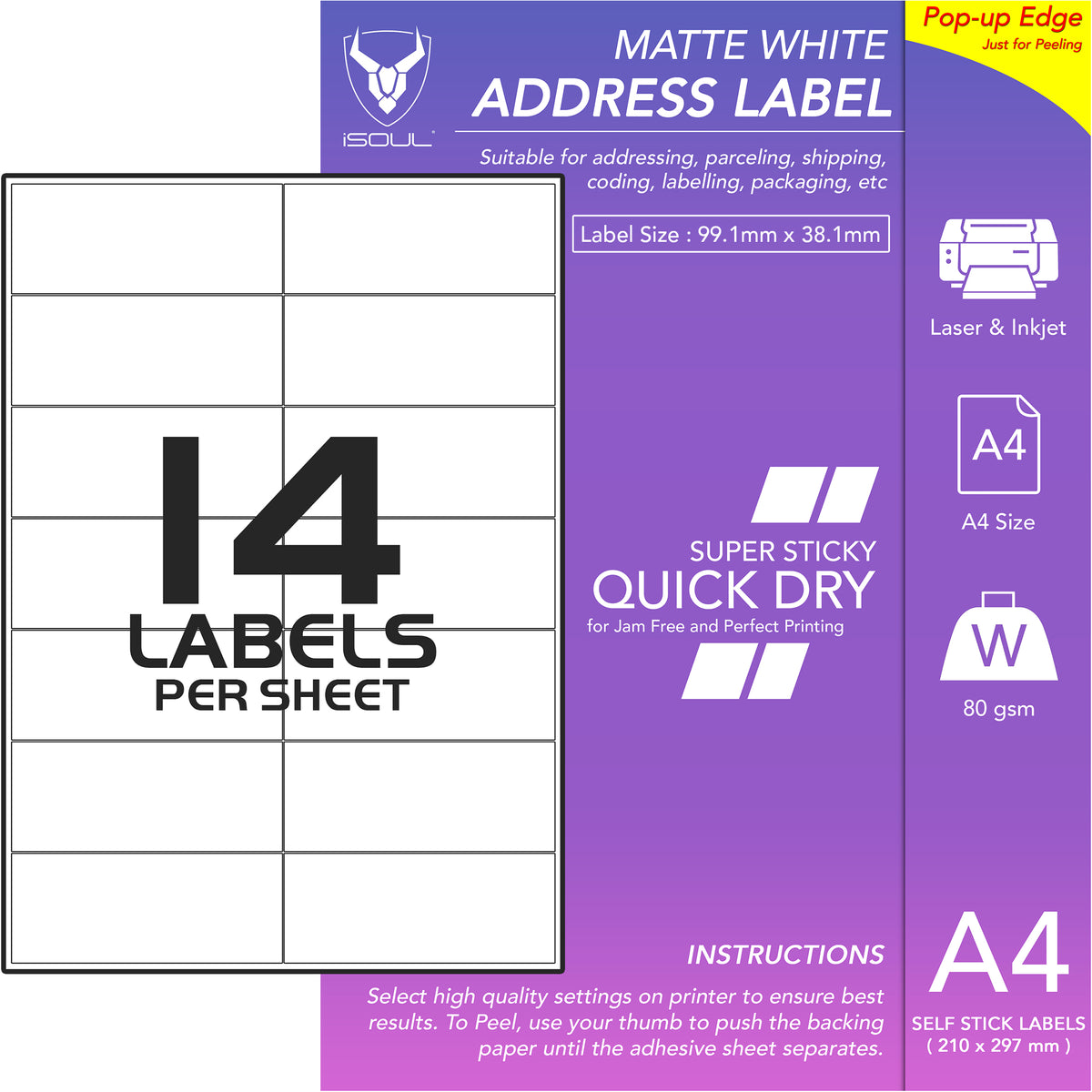 Label for Printer - 14 Labels per Sheet - 99mm x 38mm – iSOUL