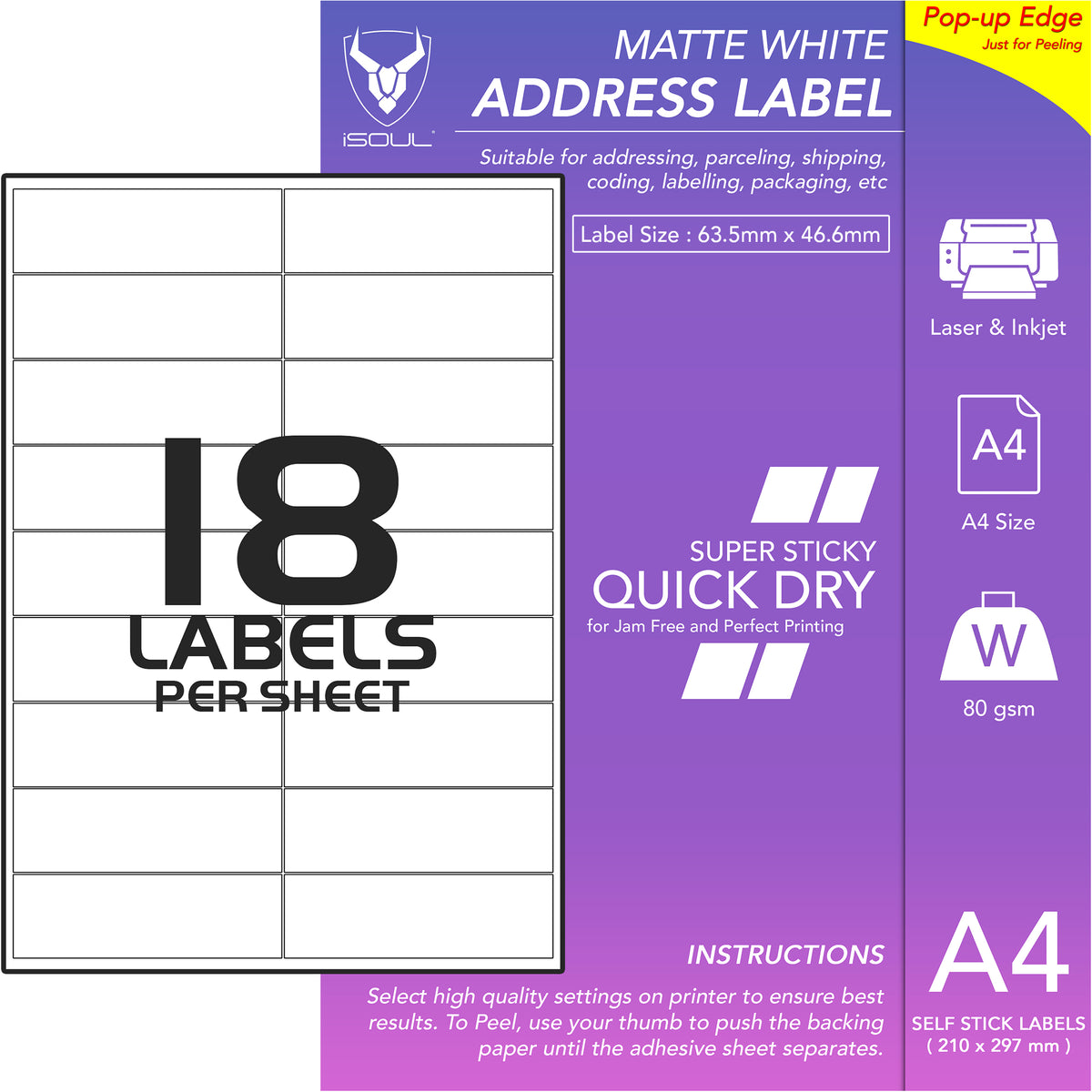 Sticky Labels for Printer - 18 Labels per Sheet - 63mm x 47mm – iSOUL