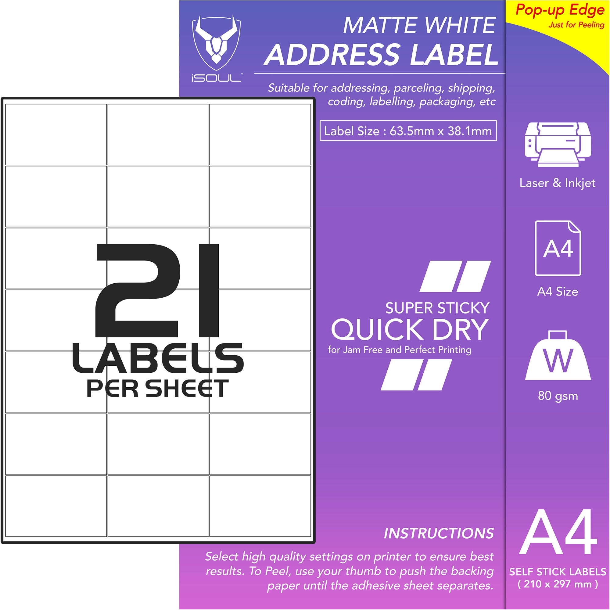 Address Labels to Print - 21 Labels per Sheet - 64mm x 38mm – iSOUL