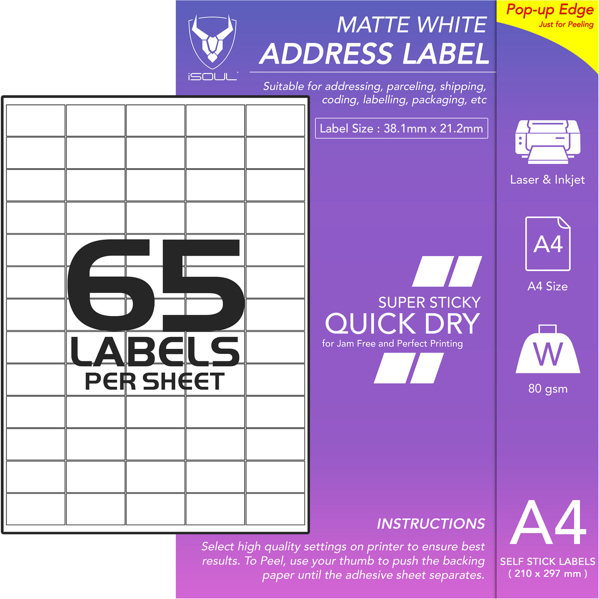 White Sticky Address Labels - 65 Labels per Sheet - 38mm x 21mm – iSOUL