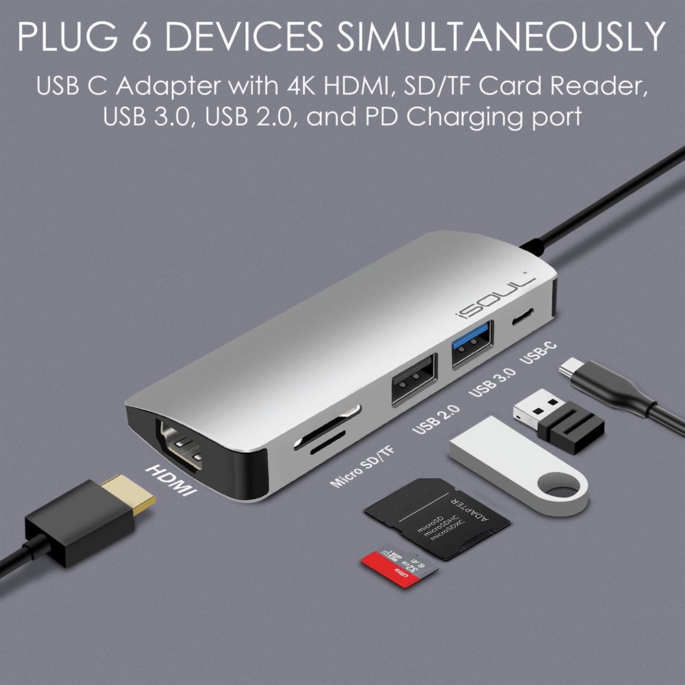 6-in-1 USB C Hub, HDMI / USB 2.0 / USB 3.0 / PD Power Delivery / Micro ...